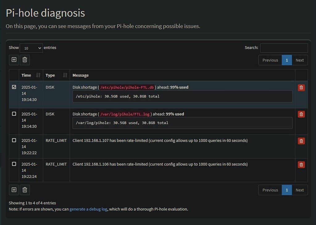 Disk shortage (/etc/pihole/pihole-FTL.db) ahead: 99% used - Help - Pi ...