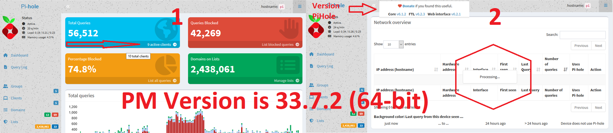 Palemoon with PiHole web admin page network over view active clients ...
